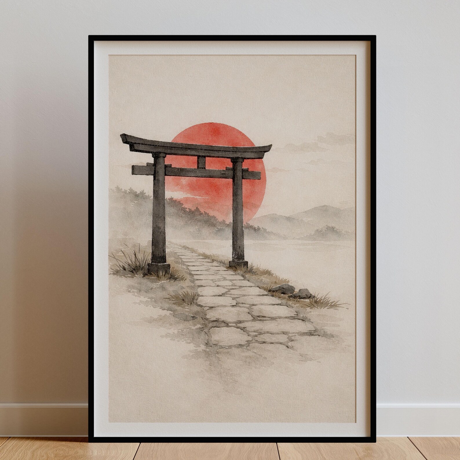 Torii Gate Red Sun Japanese Wall Art, Minimal Zen Japandi Watercolor ...