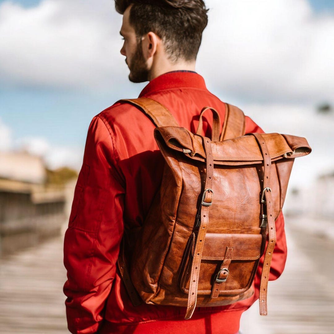 Personalized Vintage Leather Backpack, Rucksack Rolltop Travel Ita Bag ...