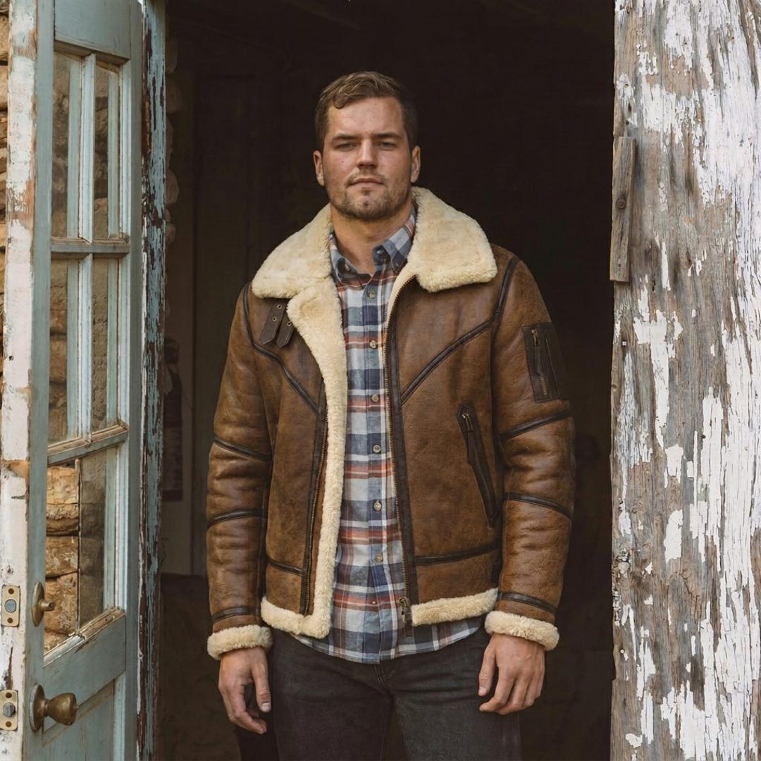 B3 Aviator Fur Leather Jacket Men, Handmade Shearling Bomber, Genuine ...