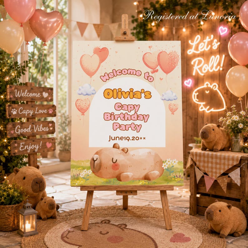 Capybara Birthday Welcome Sign, Kawaii Animal Party Poster, Editable ...
