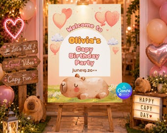Capybara Birthday Welcome Sign, Kawaii Animal Party Poster, Editable ...