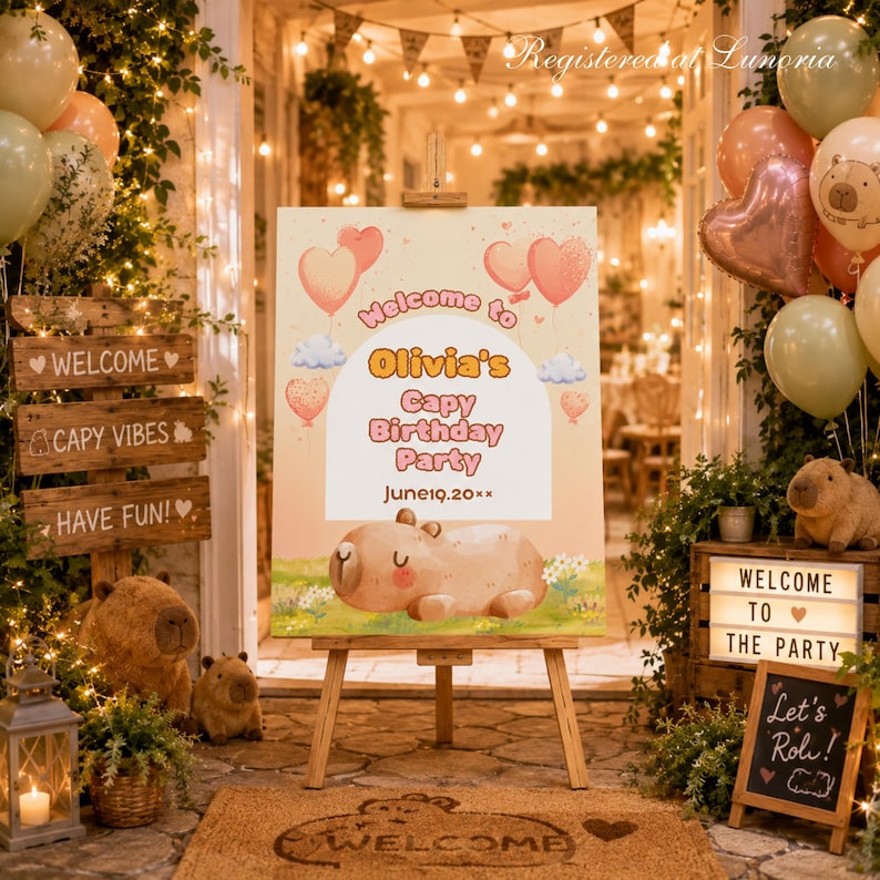 Capybara Birthday Welcome Sign, Kawaii Animal Party Poster, Editable ...