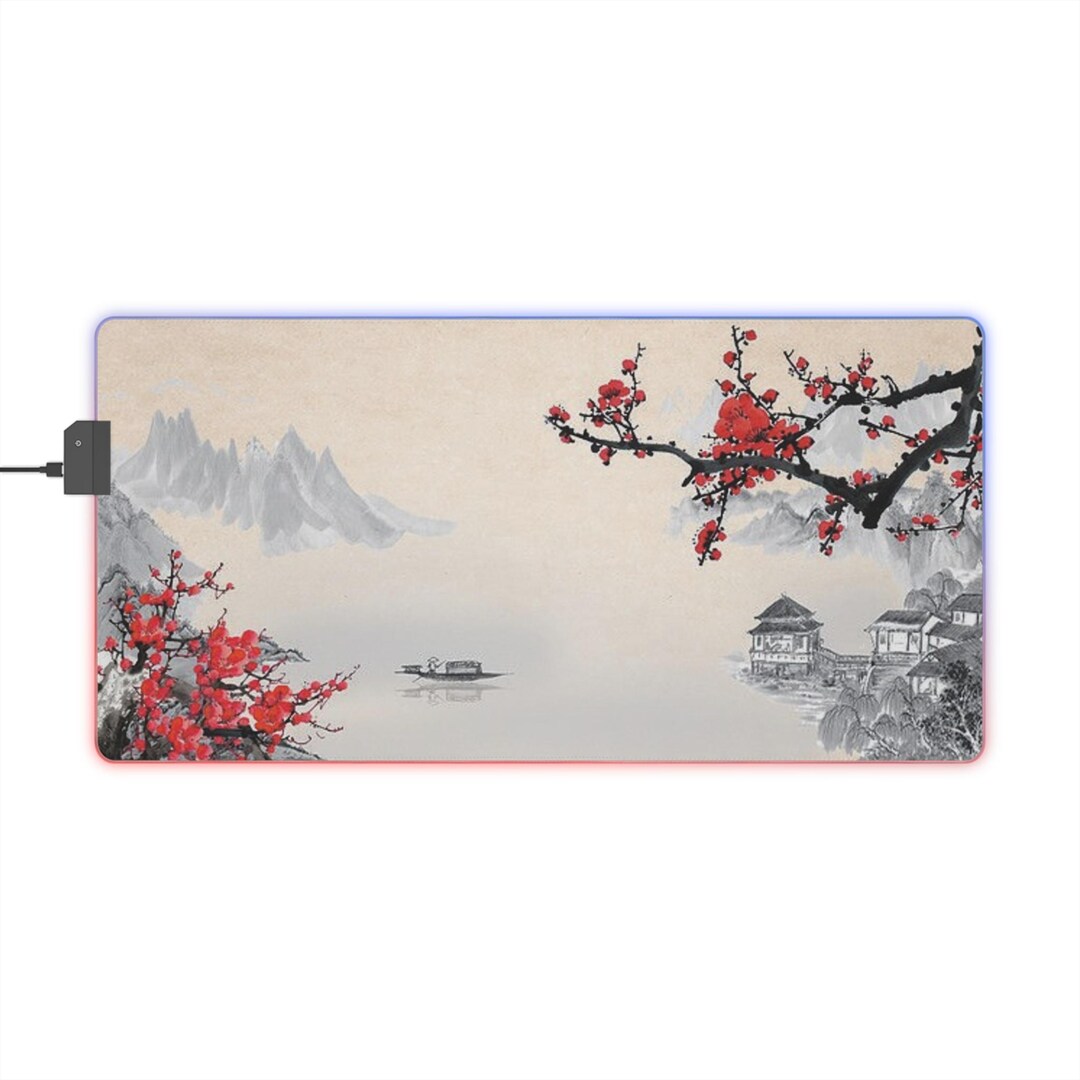 Cherry Blossom Landscape LED Gaming Mouse Pad | Asian Ink Wash Scenery ...