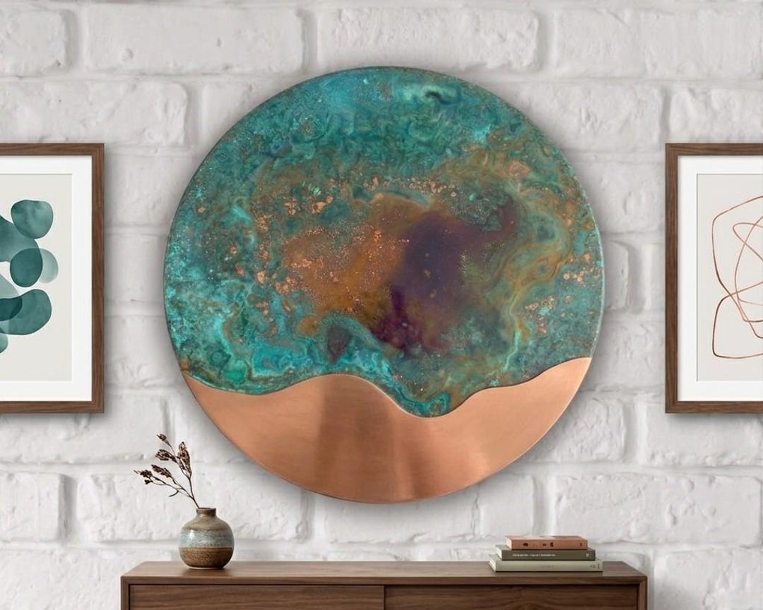 Handmade Large Round Oxidized Copper Wall Art - Turquoise Patina Metal ...