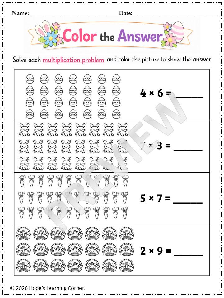 Easter Multiplication Color by Number Worksheets | Grade 2-3 Math Facts ...