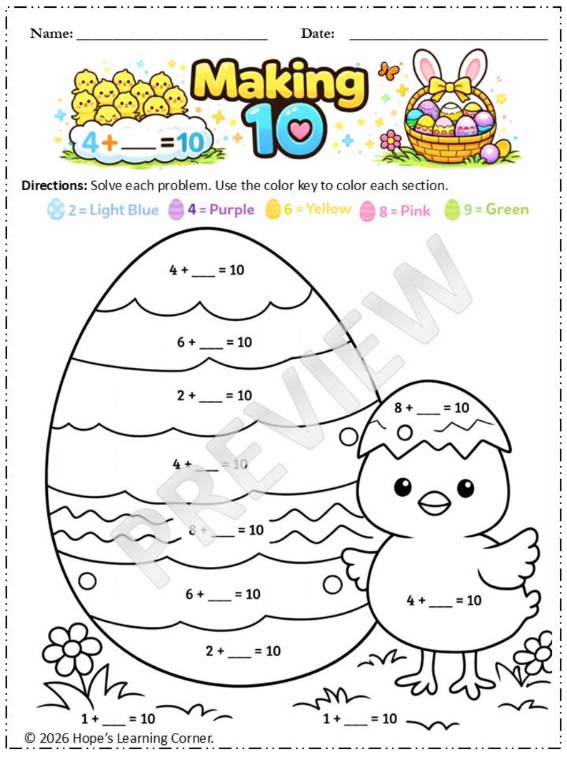 Easter Math Color by Number Worksheets | Addition Within 10, K-1 Spring ...