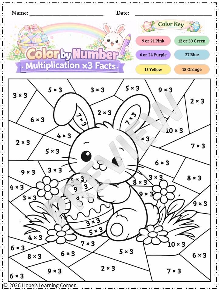 Easter Multiplication Color by Number Worksheets | Grade 2-3 Math Facts ...