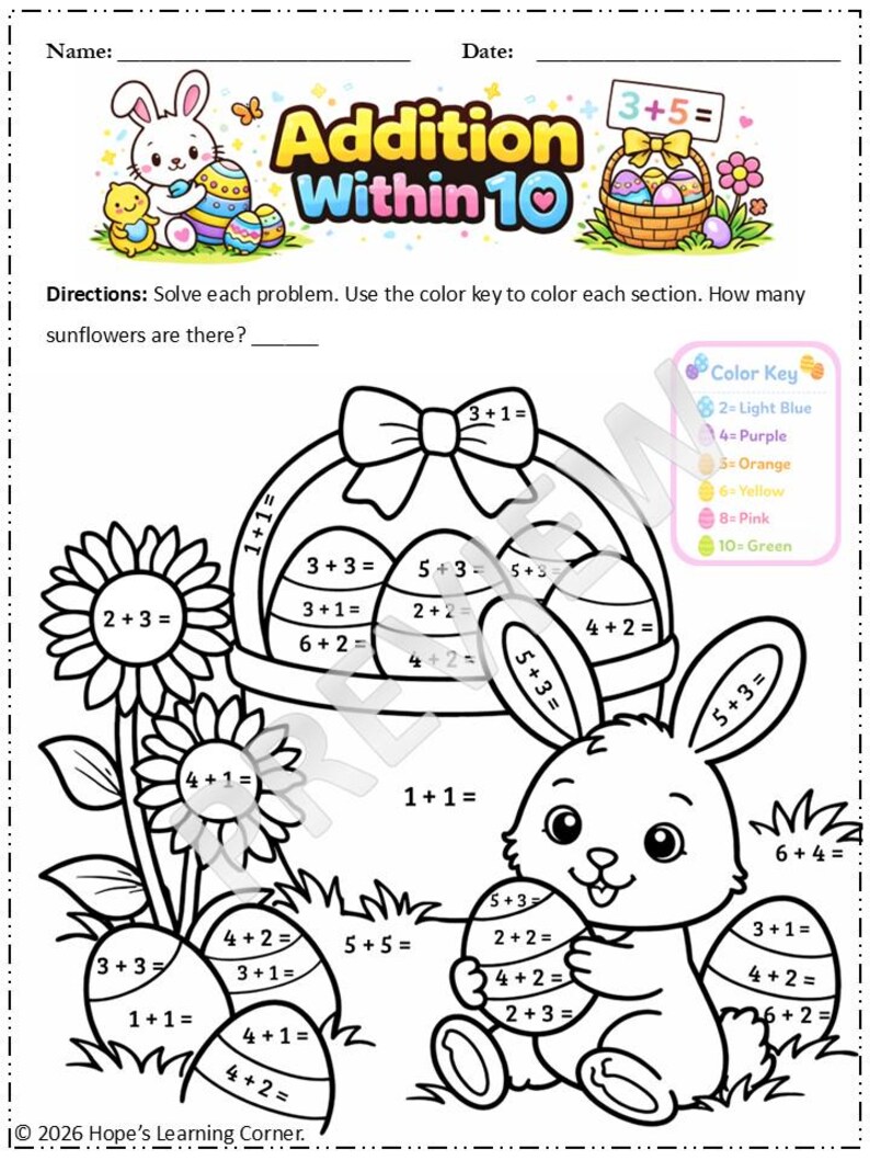 Easter Math Color by Number Worksheets | Addition Within 10, K-1 Spring ...