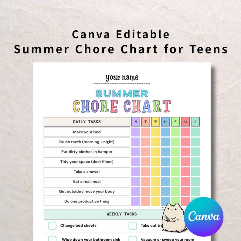 Summer Chore Chart for Teens, Tweens, ADHD Friendly, Canva Editable ...