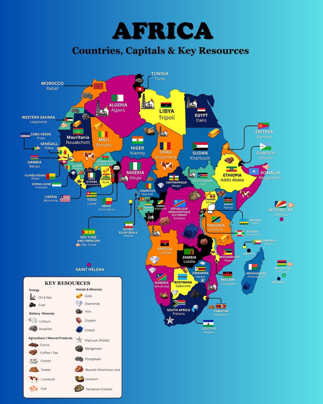 Digital Map of Africa Natural Resources, Colorful Printable With ...