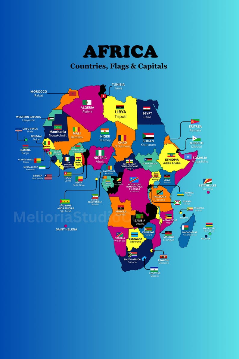 Digital Map of Africa, All African Countries With Flags & Capital ...