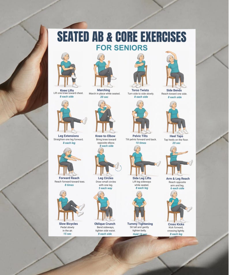 Seated Ab and Core Exercises for Seniors Printable, Chair Abs Workout ...