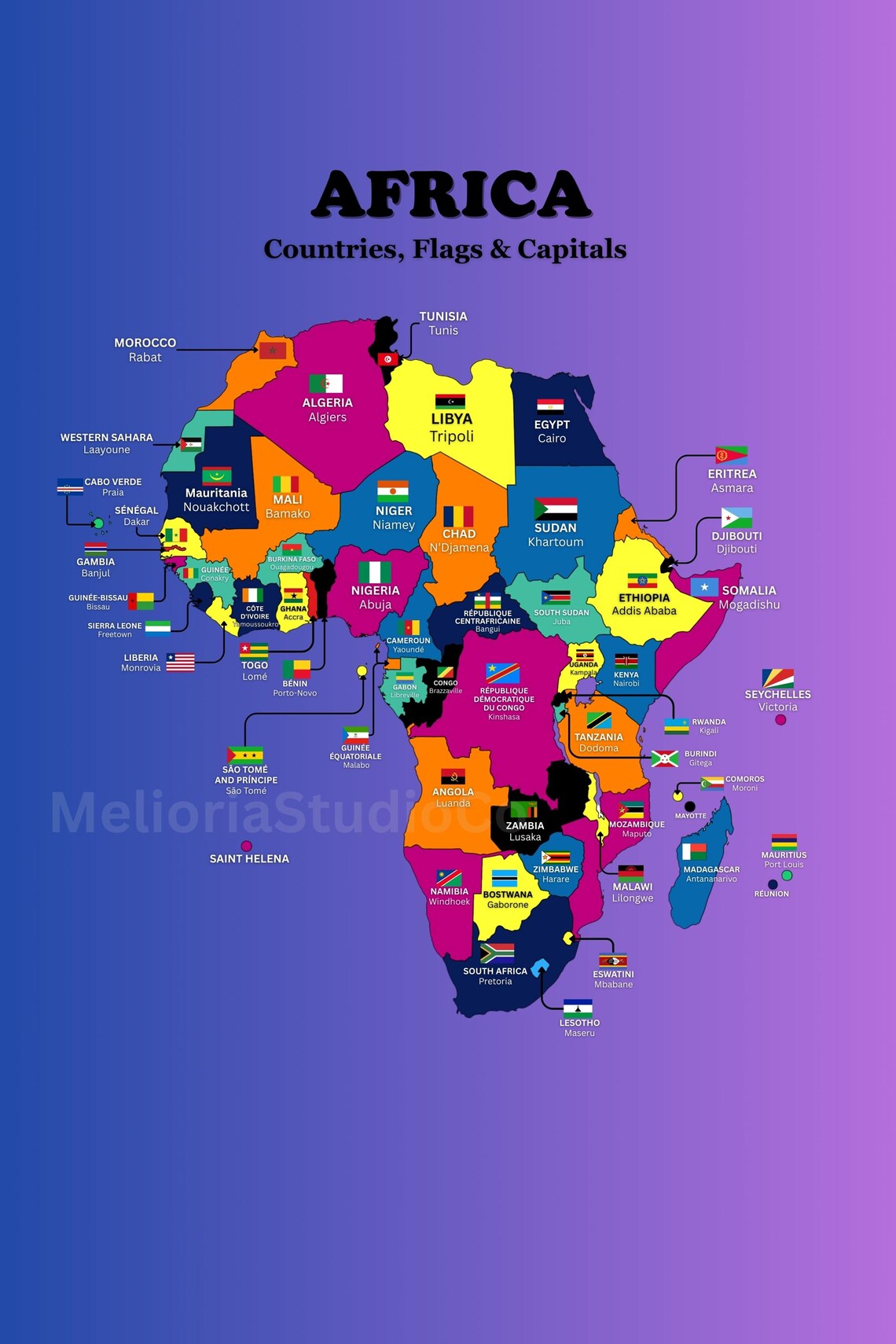 Digital Map of Africa, All African Countries With Flags & Capital ...