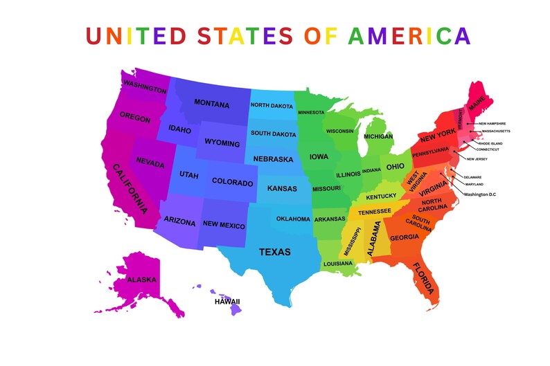 Colorful USA Map Printable, United States Map With State Names, Rainbow ...