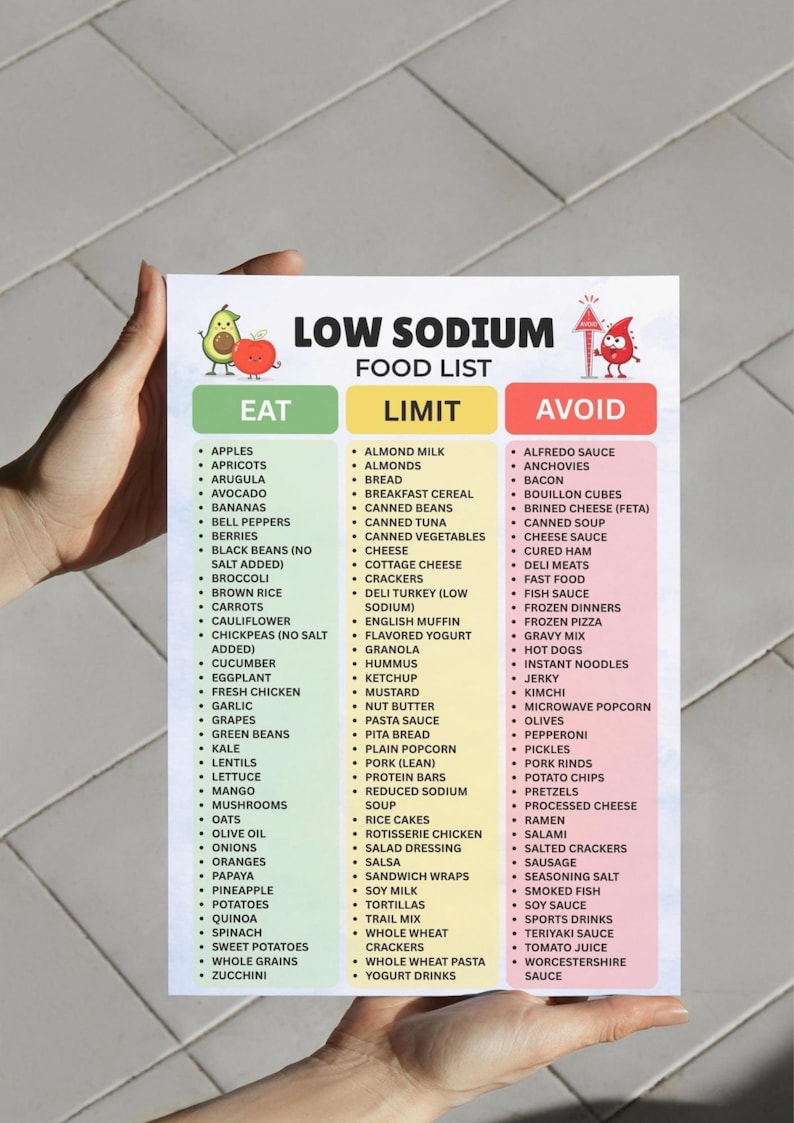 Low Sodium Food List Printable, Low Salt Foods Chart, Eat Limit Avoid ...