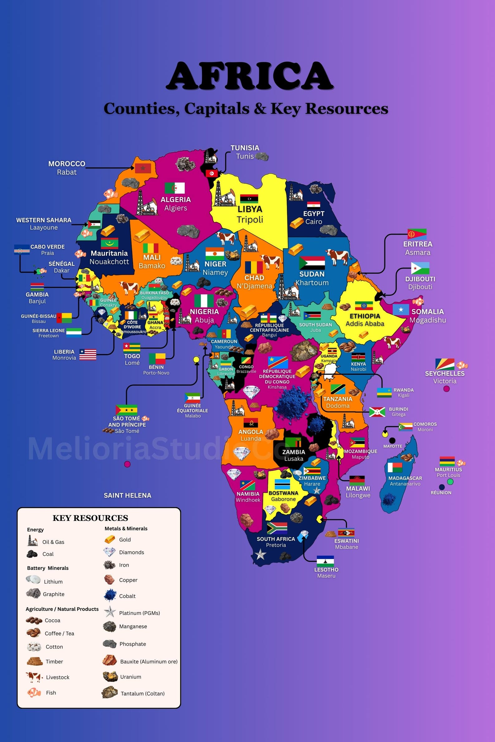 Digital Map of Africa Natural Resources, Colorful Printable With ...