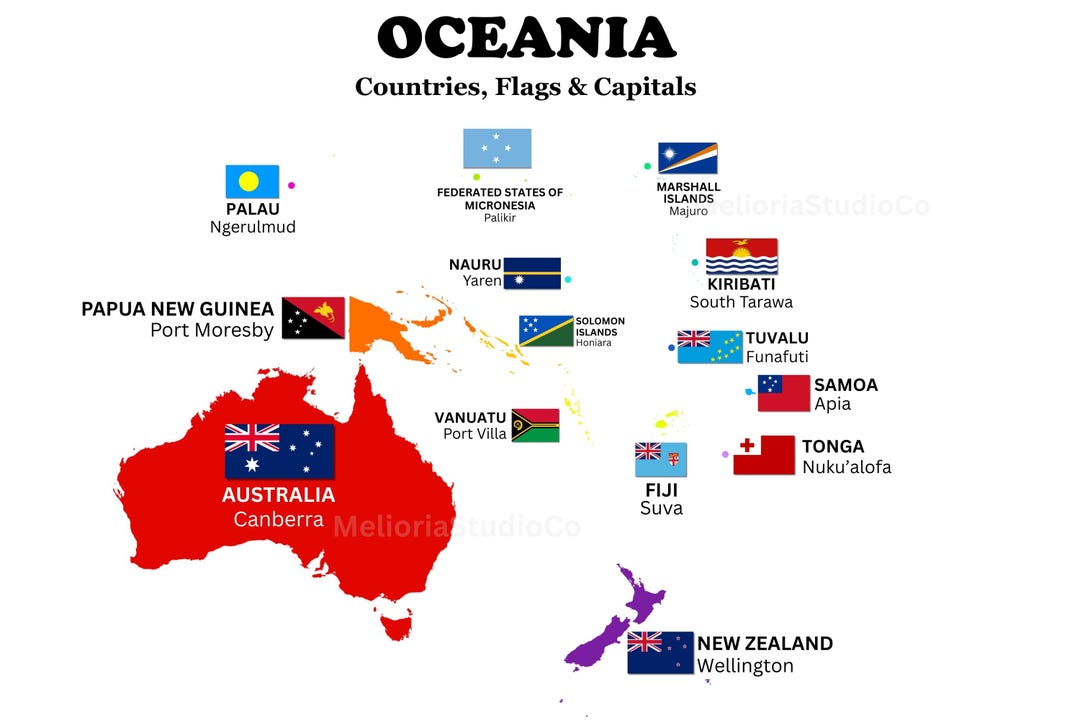 Digital Australia and Oceania Map With Countries Flags & Capitals ...