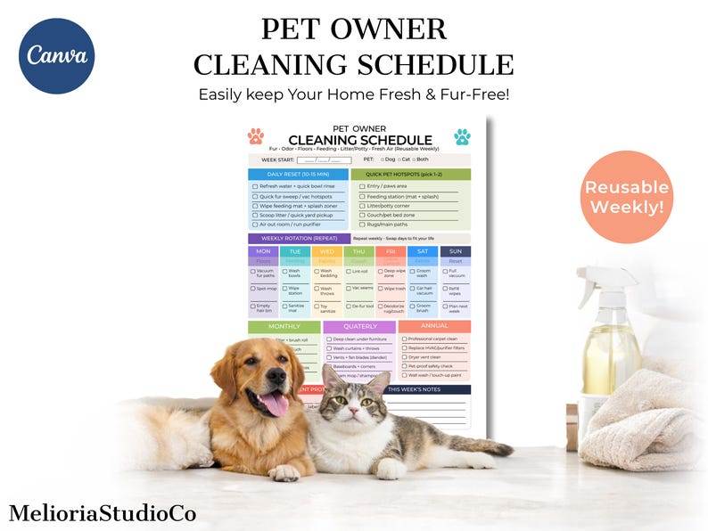 Pet Cleaning Schedule Printable, ADHD Cleaning Planner, Chore Chart ...