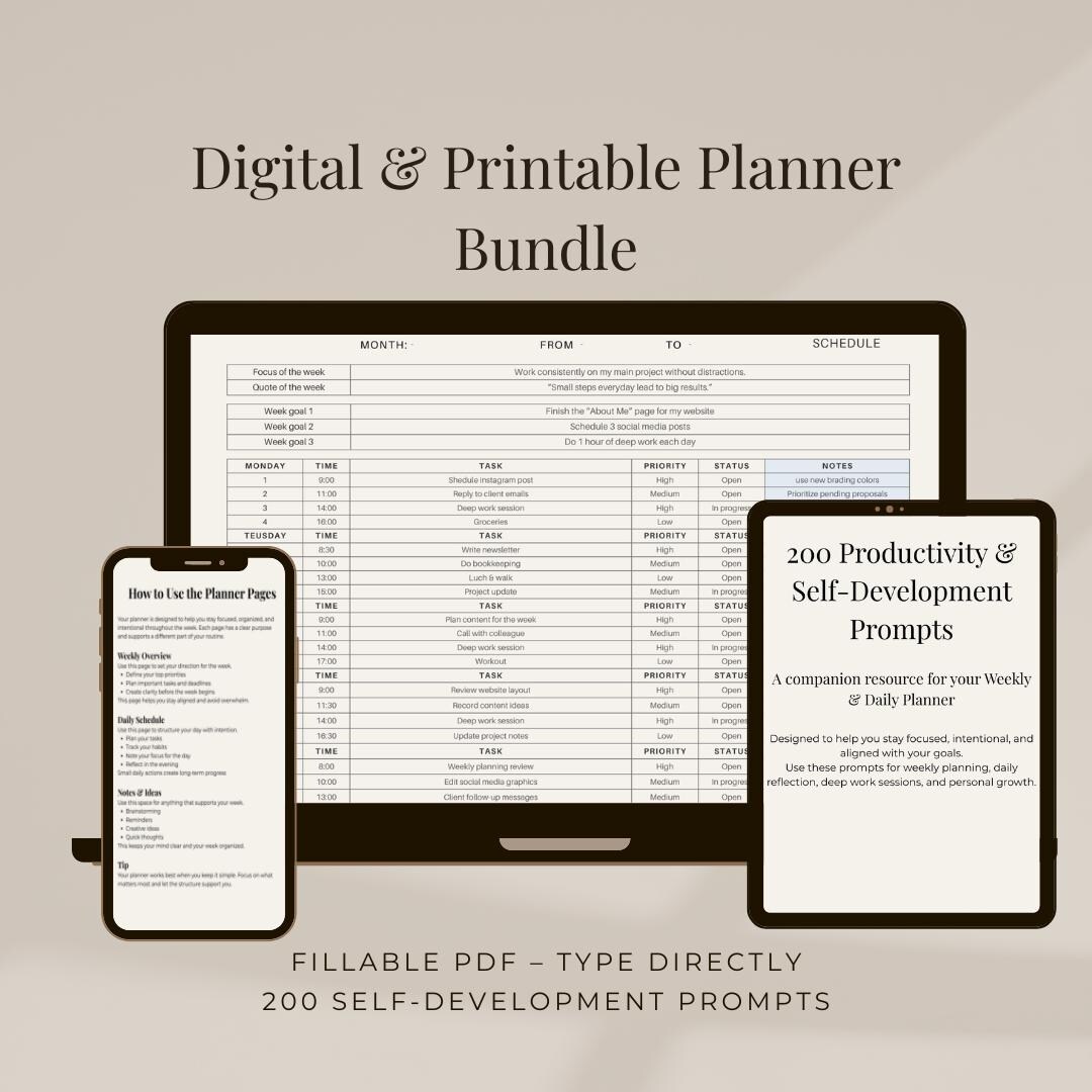 Digital & Printable Weekly + Daily Bundle – Fillable PDF Template - Etsy