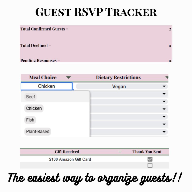 Wedding Guest List Tracker | RSVP, Meal Choice | Google Sheets (digital ...
