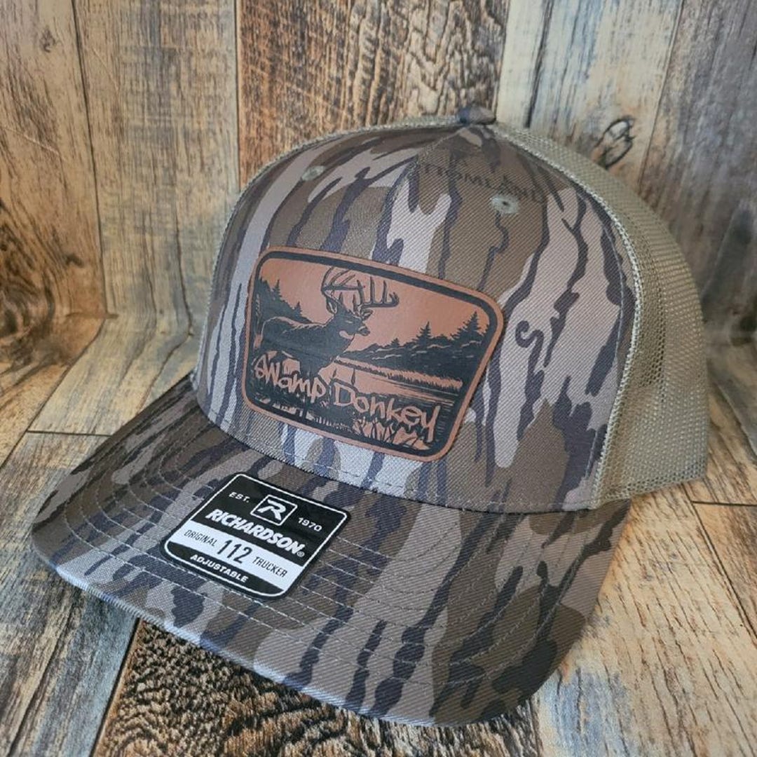Swamp Donkey Whitetail Deer Hunting Hat - Leather Patch Camo Trucker ...