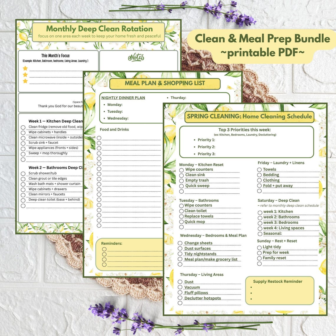 Lemon Themed Cleaning Schedule, Meal Prep, Grocery List (PDF) - Etsy