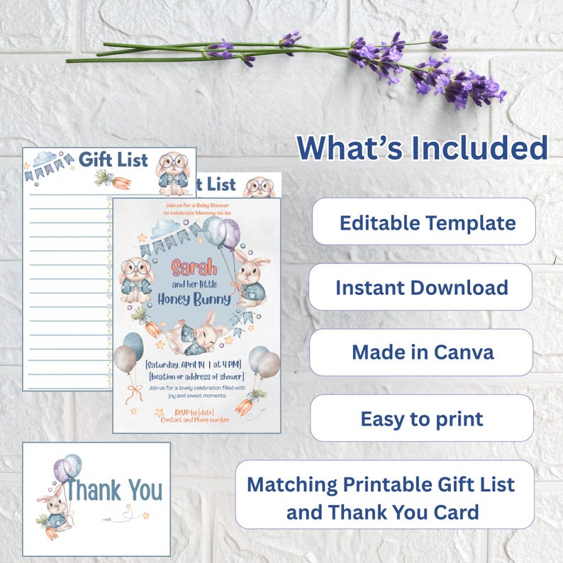 Editable Bunny Baby Shower Invitation Boy, Spring Easter Instant ...