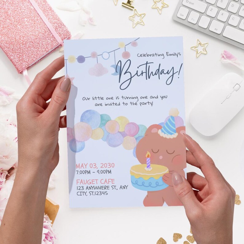 Teddy Bear Birthday Invitation Template | First Birthday Invite | One ...