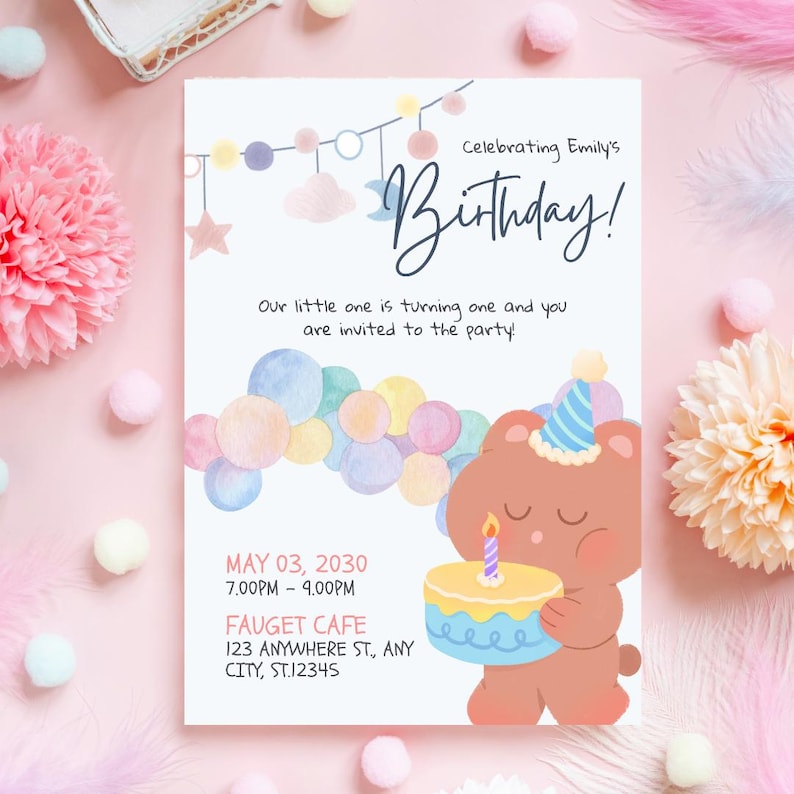 Teddy Bear Birthday Invitation Template | First Birthday Invite | One ...