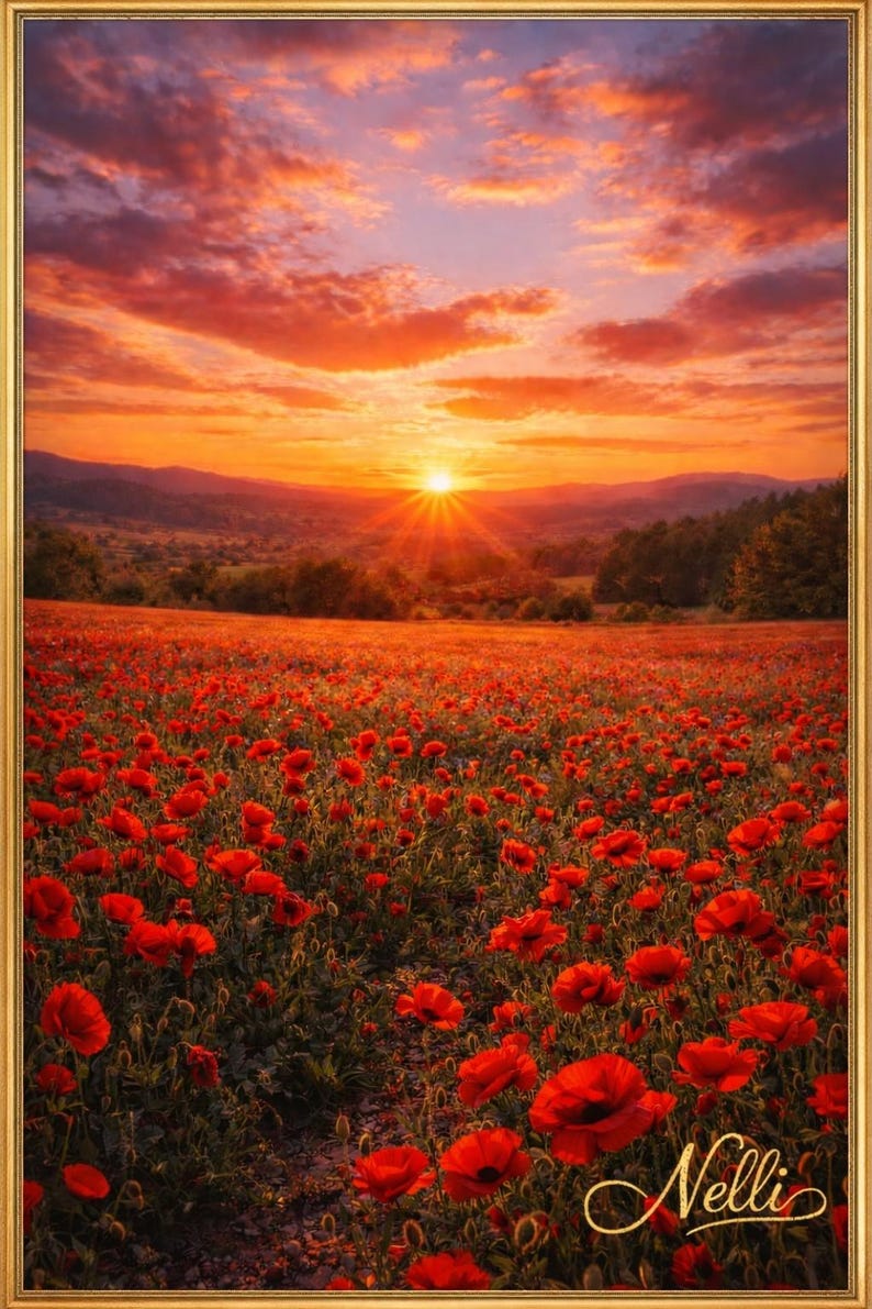 Sunset Poppy Field Print, Red Flower Landscape, Rustic Home Decor ...