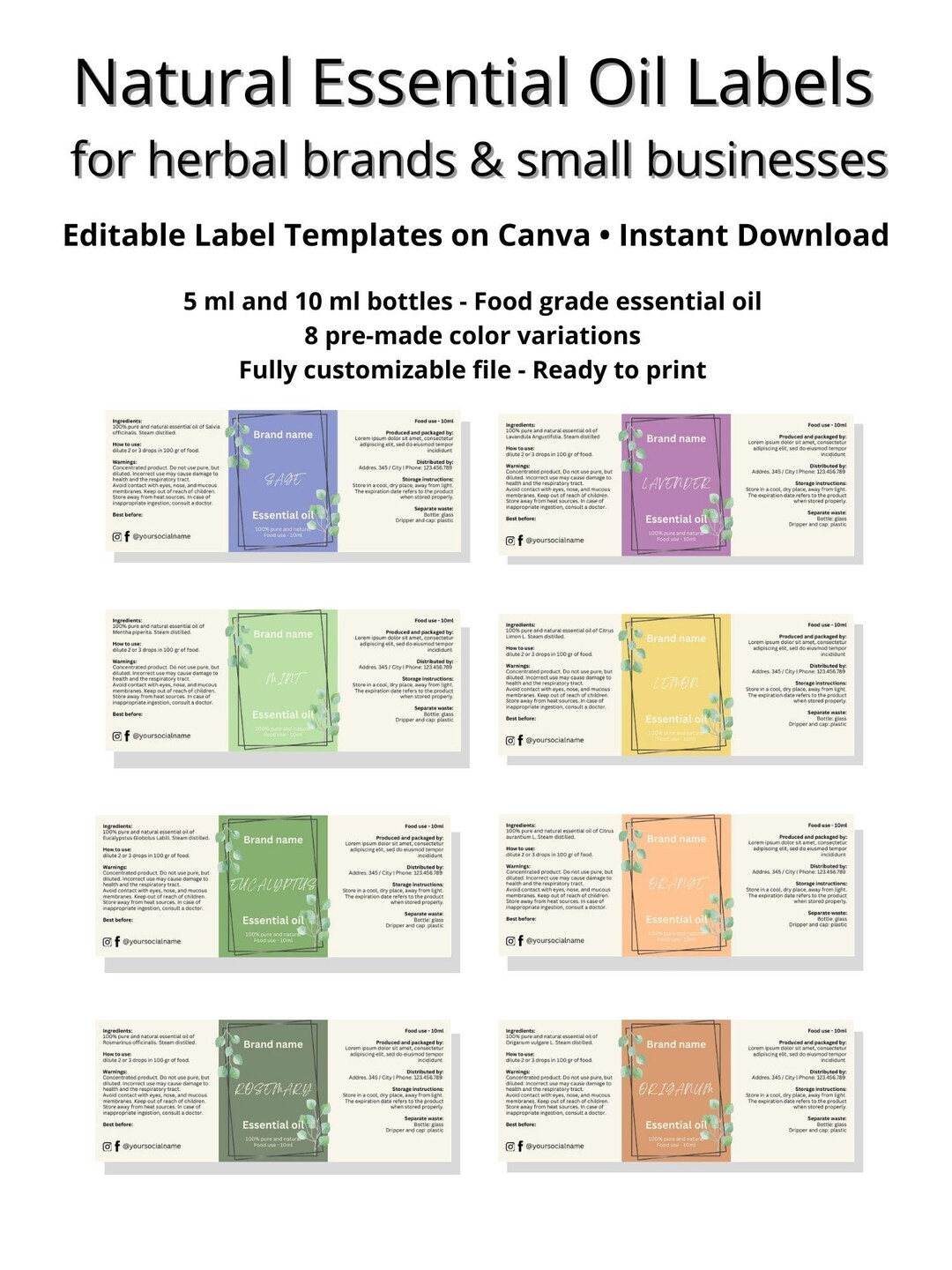 Editable Essential Oil Label Templates – 5ml & 10ml Bottle Labels ...