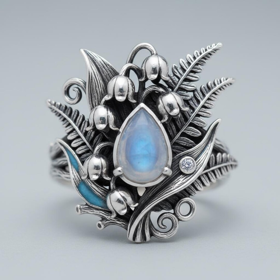 Moonstone Lily of the Valley Ring, Sterling Silver Botanical Statement ...