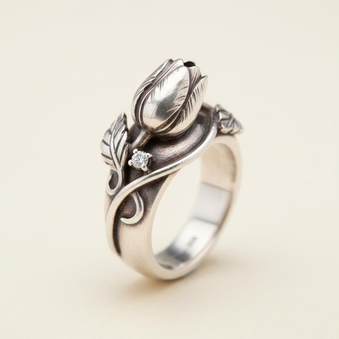Sterling Silver Tulip Ring, White Stone Dewdrop, Botanical Jewelry - Etsy