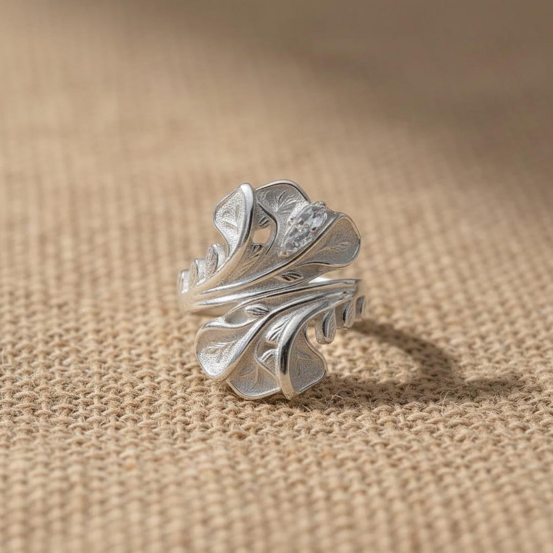 Sculptural Ginkgo Leaf Ring, Silver Botanical Statement Band, Nature ...