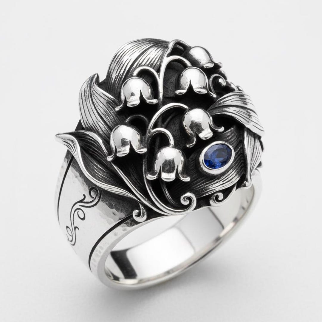 Lily of the Valley Ring, Sterling Silver Floral Ring With Blue Sapphire ...