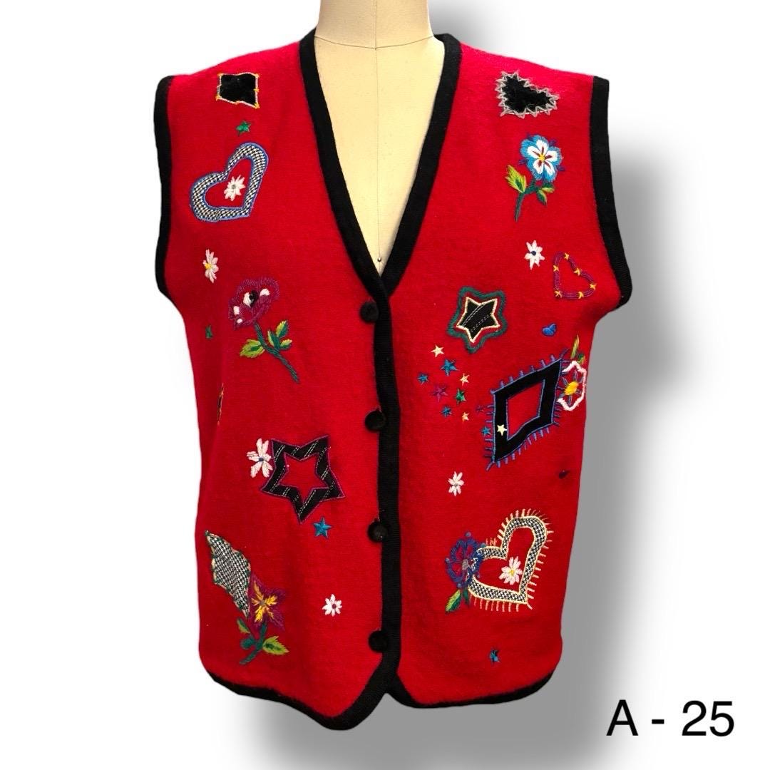 Ladies Napa Valley Felted Red Wool Vest Hearts Flowers Valentines Love ...
