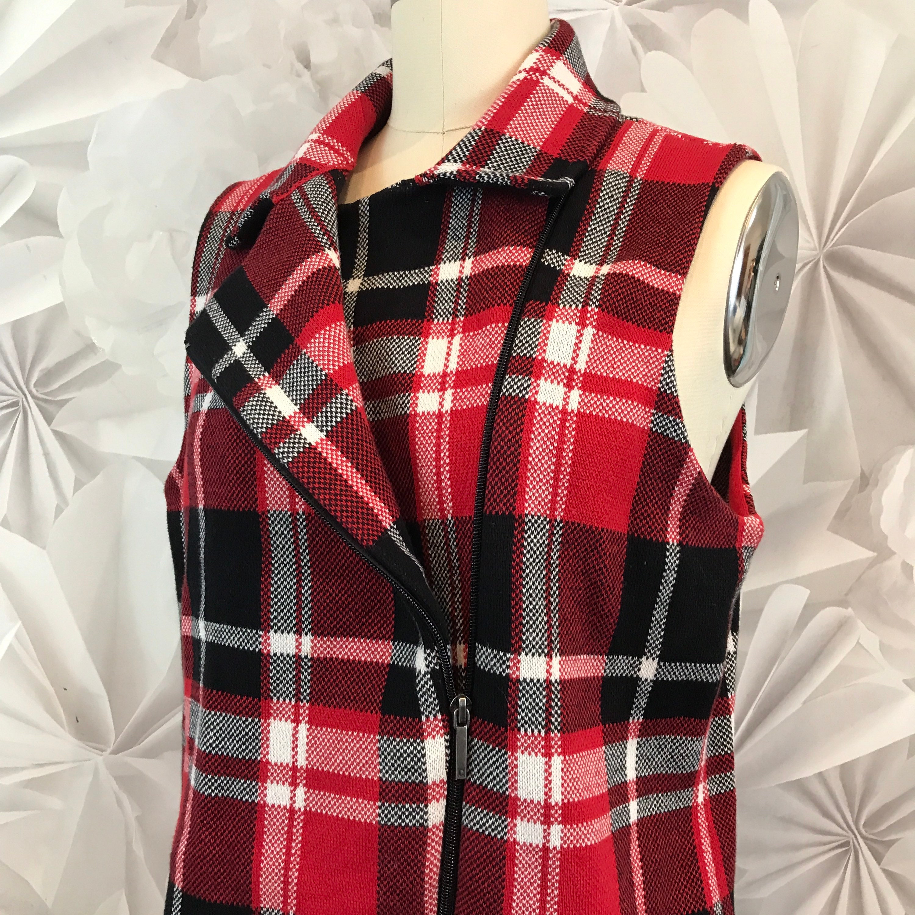 Chaps Womens Vest Zip up Red Black Plaid Collared Sleeveless Size Large ...