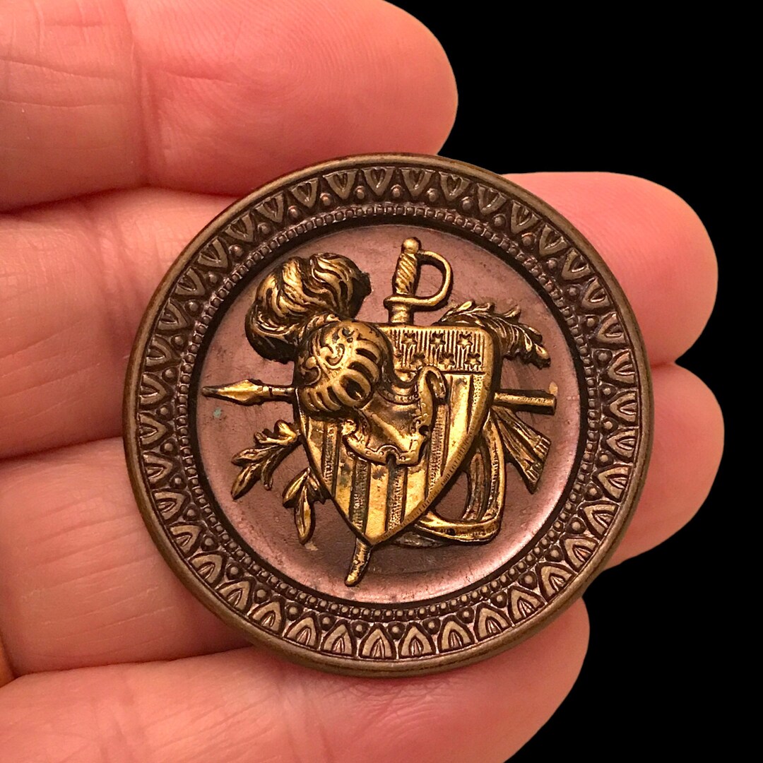 Vintage Antique Victorian Metal Picture Button Plumed Helmet, Shield ...