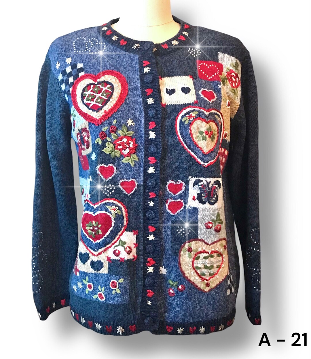 Heirloom Collectibles Blue Vtg Valentine Hearts Rhinestones Sweater ...