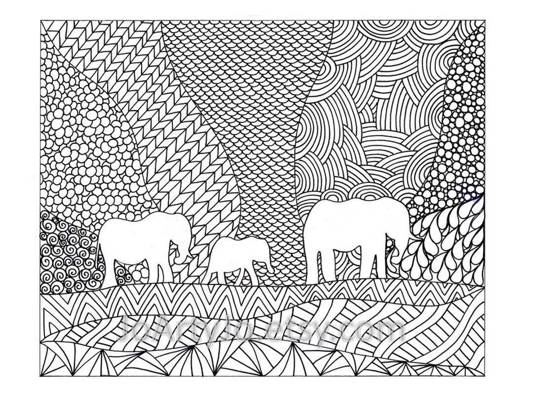 Elephants Coloring Page, Inspired by the Art of Zentangle, Printable ...