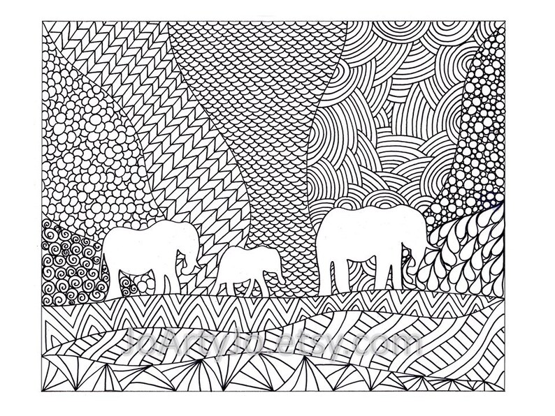 Elephants Coloring Page, Inspired by the Art of Zentangle, Printable ...