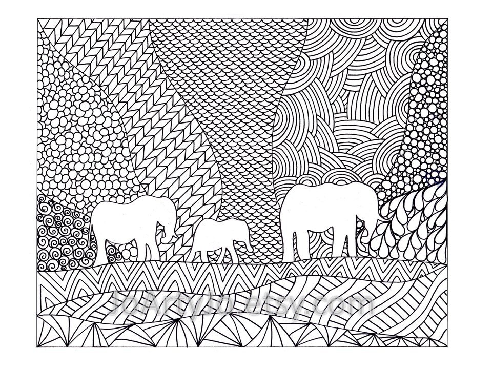 Elephants Coloring Page, Inspired by the Art of Zentangle, Printable ...
