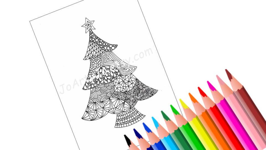 Printable Christmas Tree Coloring Page, Holiday Zentangle Inspired Art ...