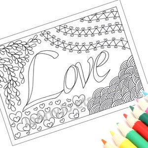 Coloring Page Love, Printable Zentangle Inspired Instant Download- Page ...