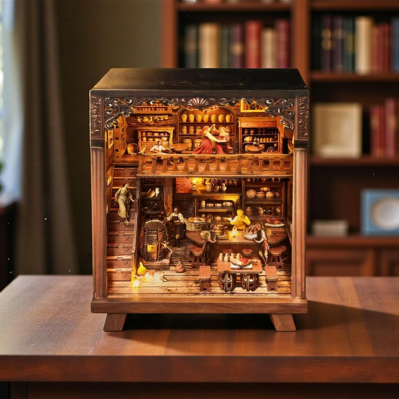 Medieval Pub Book Nook Kit, 3D Wooden Puzzle Bookshelf Insert With LED ...