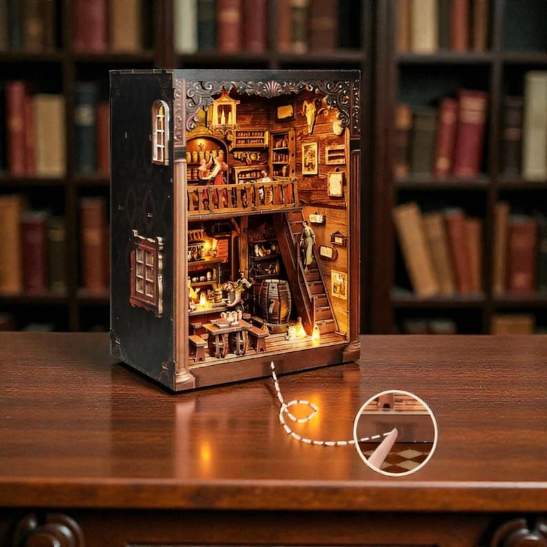 Medieval Pub Book Nook Kit, 3D Wooden Puzzle Bookshelf Insert With LED ...