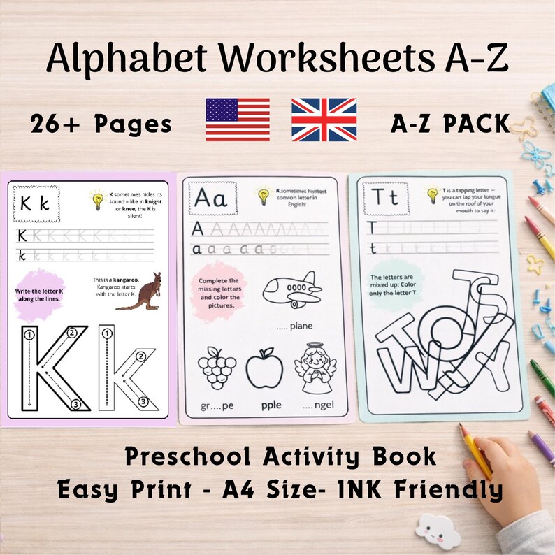 Alphabet Worksheets A-Z Letter Tracing Practice | Preschool Activity ...