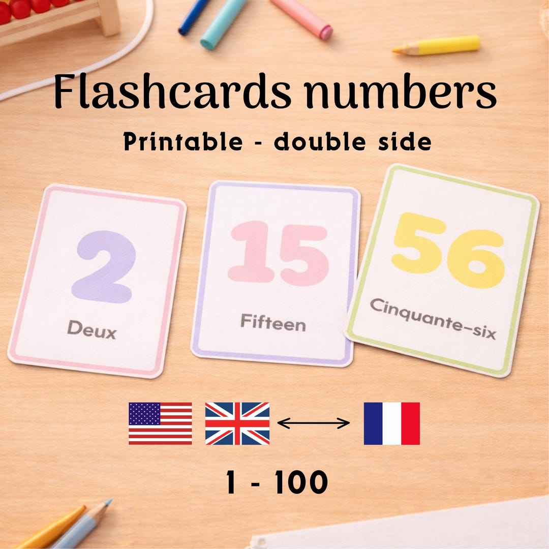 Bilingual English French Numbers Flashcards 1-100, Printable Toddler ...