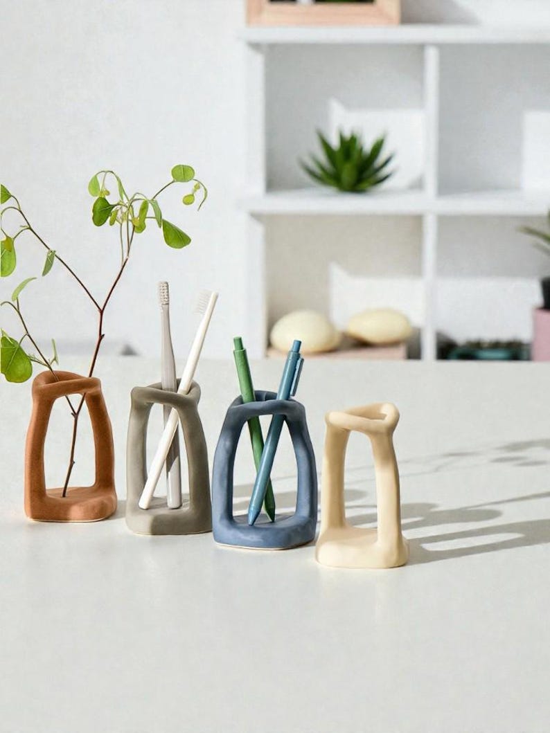 Minimalist Ceramic Toothbrush Holder | Open Bottom Sculptural Organizer ...