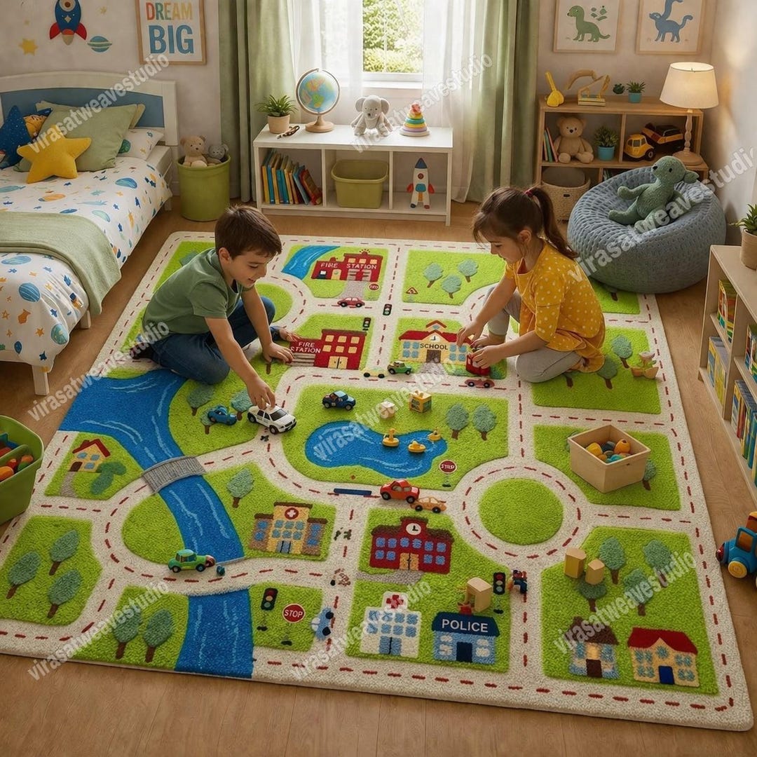 Interactive City Road Map Kids Rug | Vibrant Green & Blue | Hand-tufted ...